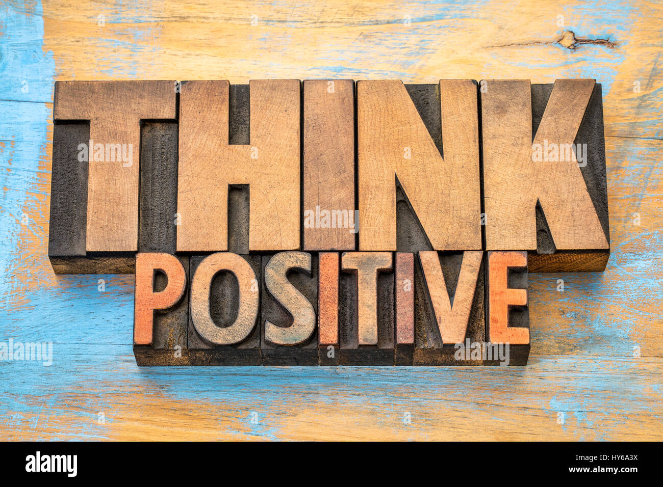 Think positive - word abstract in vintage letterpress wood type blocks ...