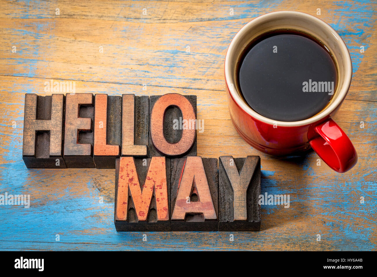 Hello May - word abstract in vintage letterpress wood type blocks ...