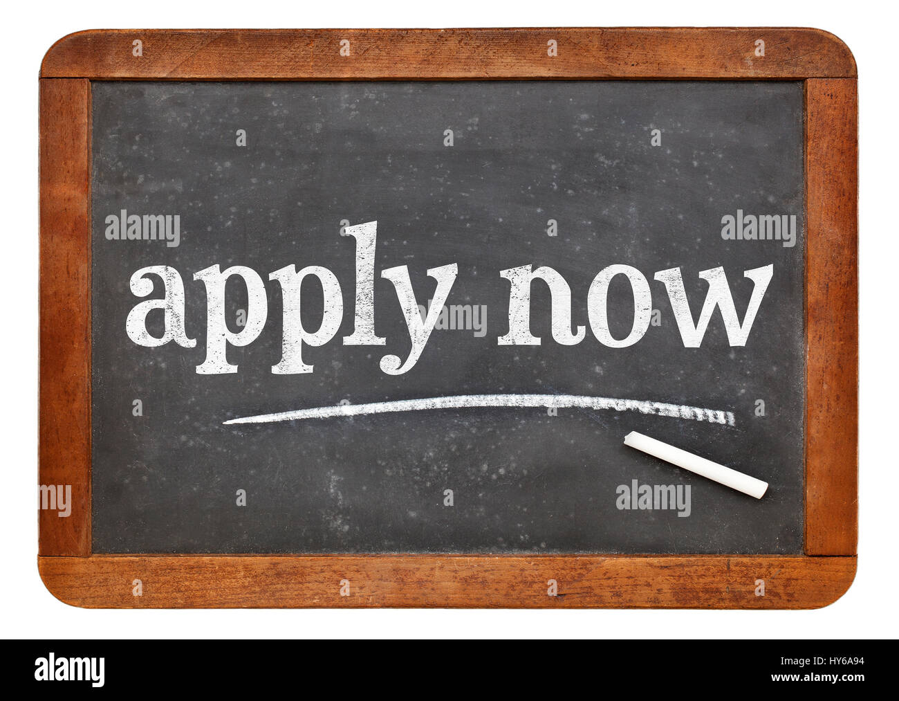 Apply now sign or banner - white chalk text on a vintage slate ...