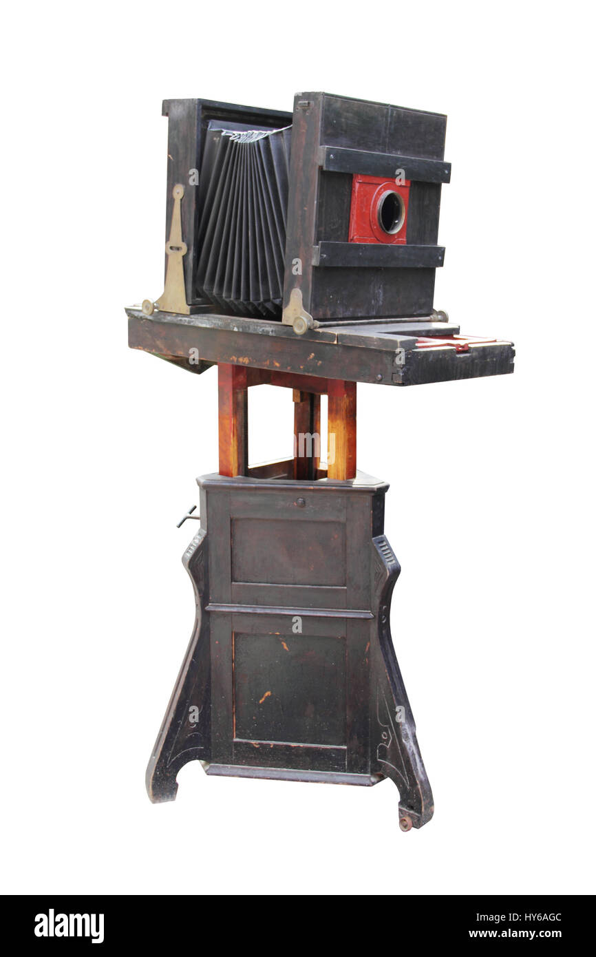 Old vintage wooden camera isolated on white background Stock Photo - Alamy