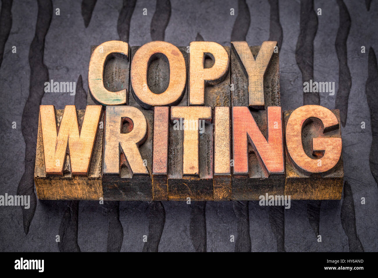 copywriting, word abstract in vintage letterpress wood type blocks ...