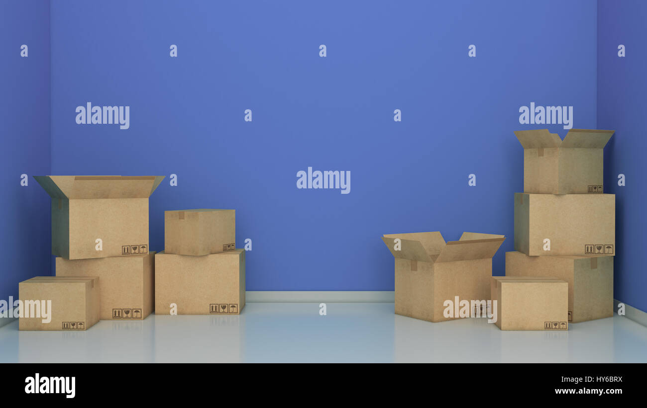Boxes in empty room 3D Stock Photo - Alamy