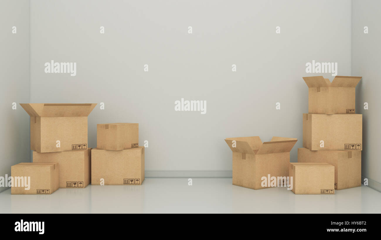 Boxes in empty room 3D Stock Photo - Alamy