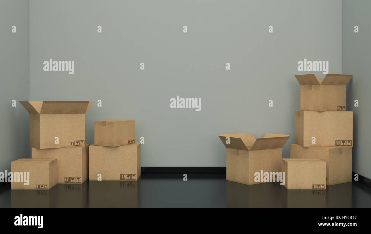 Boxes in empty room 3D Stock Photo - Alamy