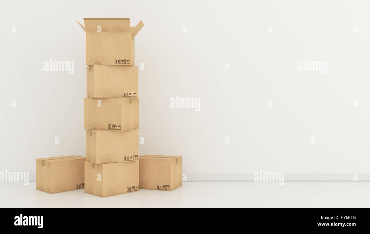 Boxes in empty room 3D Stock Photo - Alamy