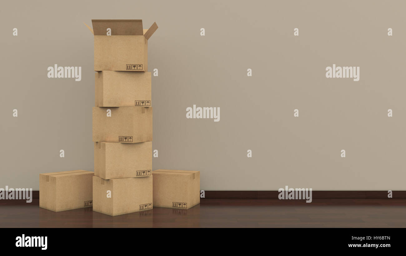 Boxes in empty room 3D Stock Photo - Alamy
