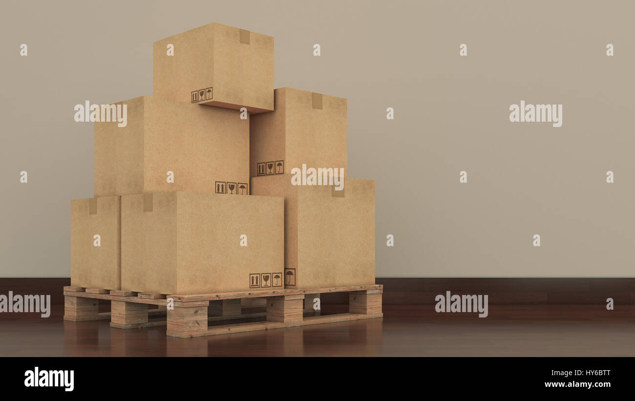 Boxes in empty room 3D Stock Photo - Alamy