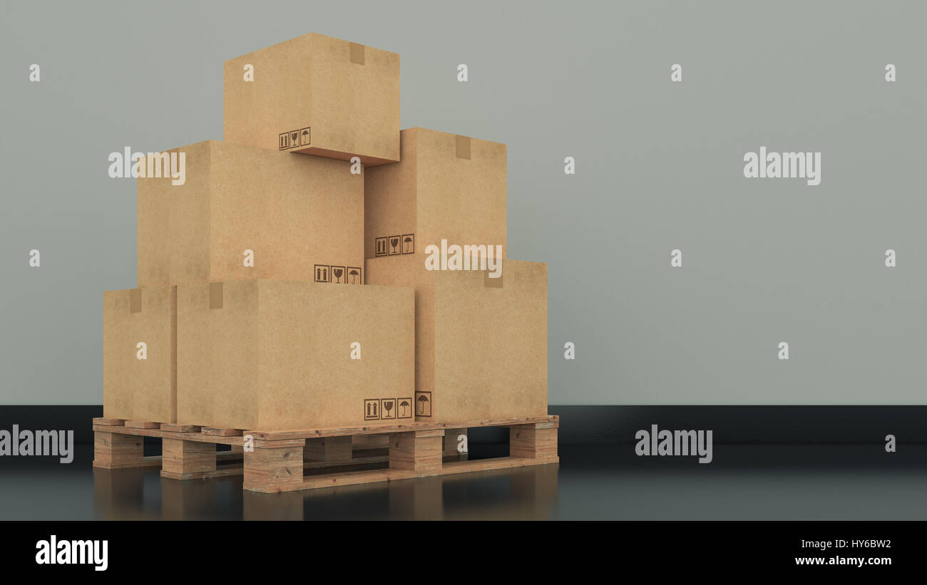 Boxes in empty room 3D Stock Photo - Alamy