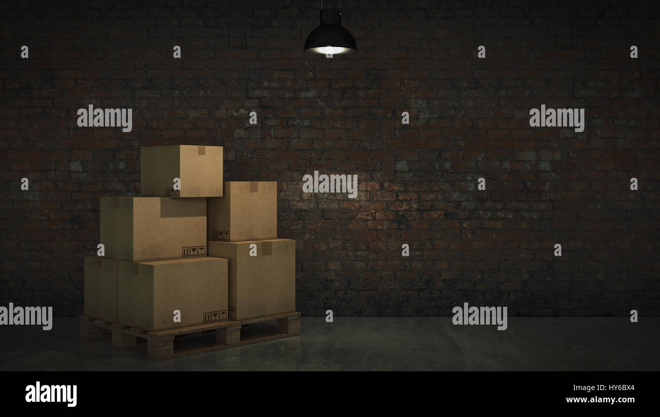 Boxes in empty room 3D Stock Photo - Alamy