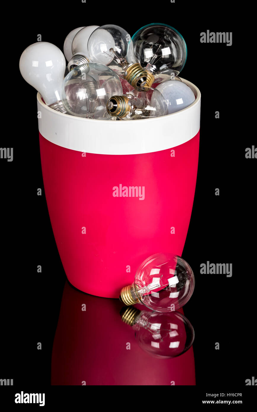 Red trash can with light bulbs in it Stock Photo - Alamy