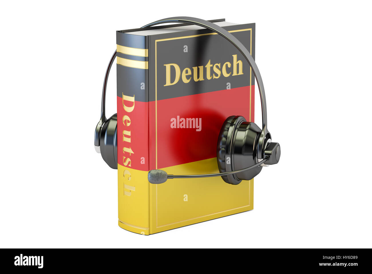 German language textbook with headset, learning and translate concept ...