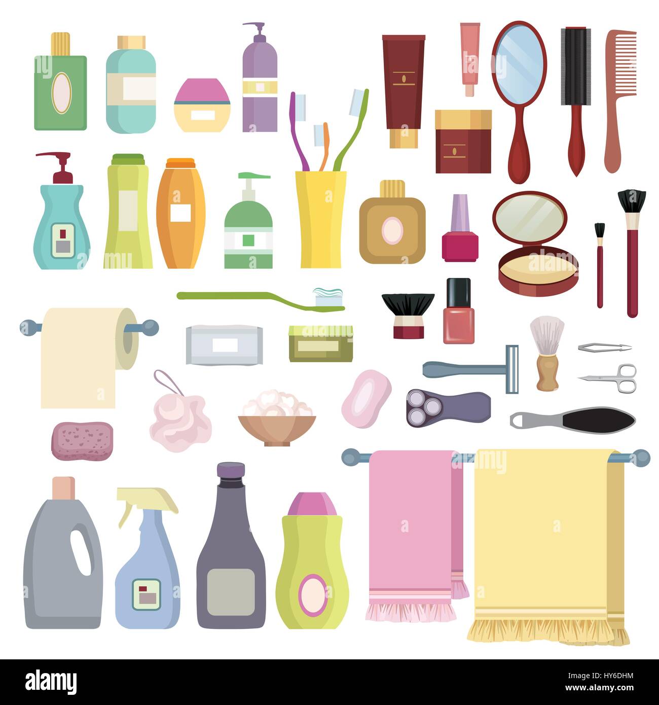 Beauty care related object set. Hygiene symbols. Bath supplies, shower ...