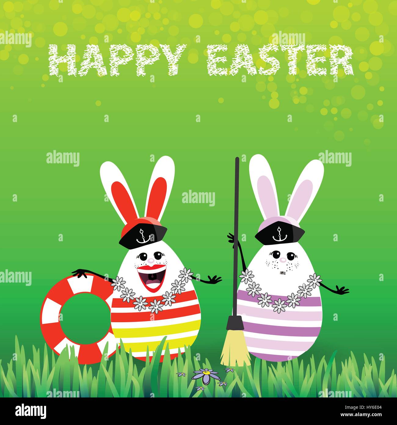 Easter. Rabbits-eggs in the grass on a green background in the hands of ...