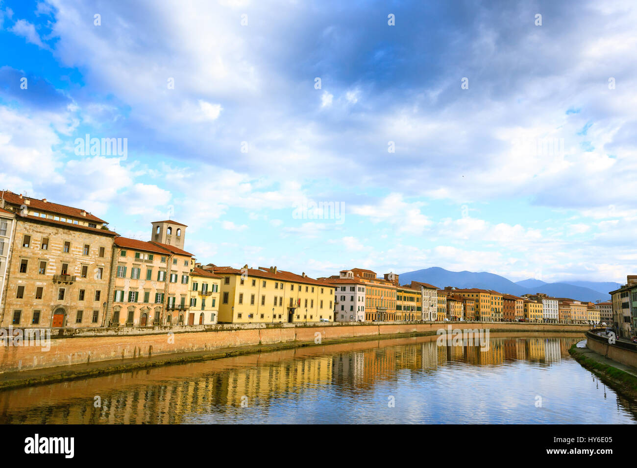 Pisa view. Buildings along Arno river. Italian landmark, Tuscany Stock ...