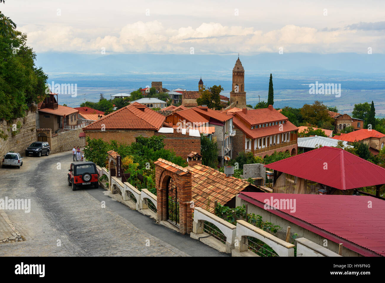 Signagi, Georgia - Sent 16, 2016: View of street and Alazani valley in ...