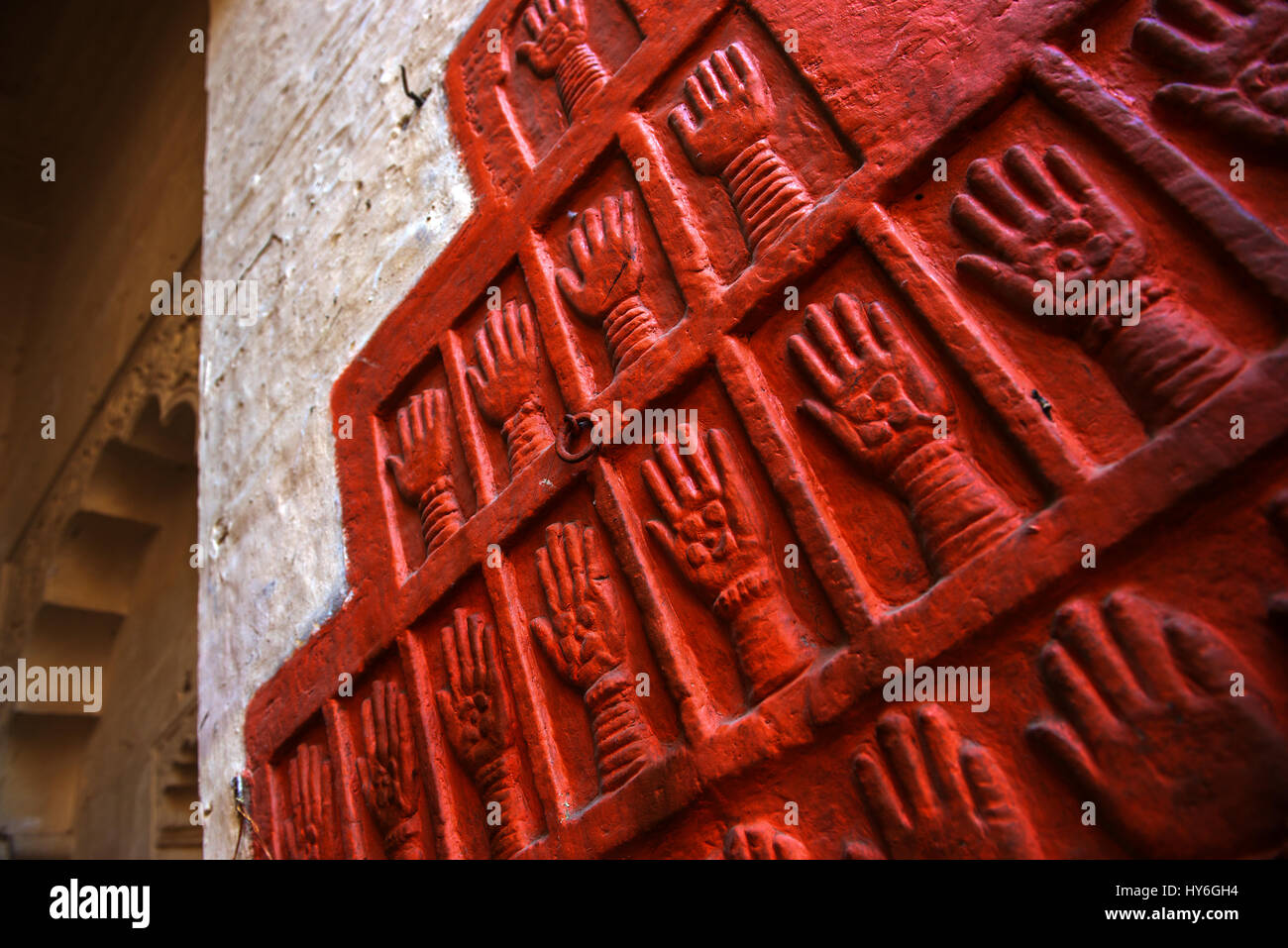 Martyr's hands depicted on the walls of Mehrangarh Fort. The medieval ...