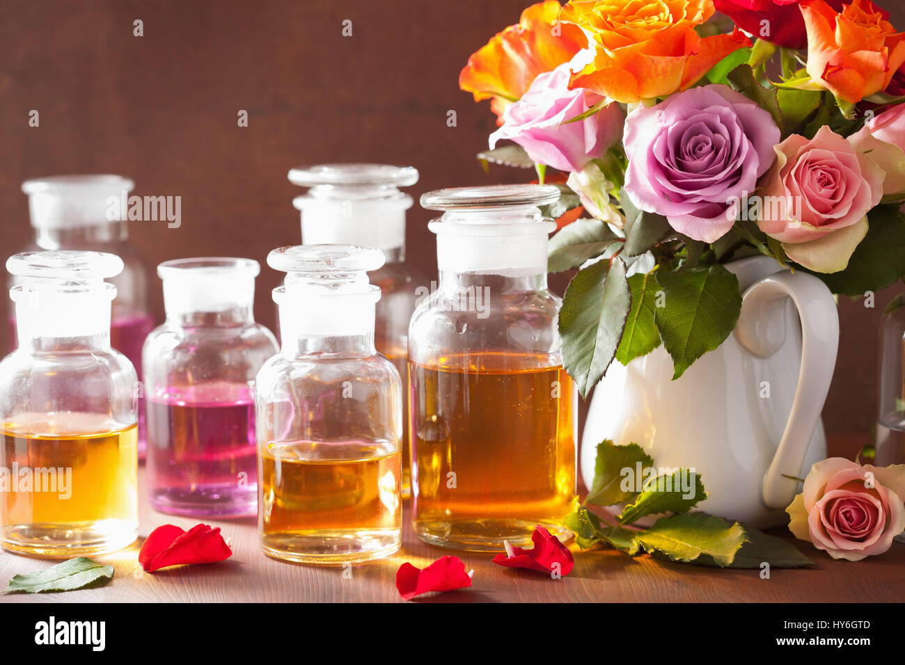 Essential oil and rose flowers aromatherapy spa perfumery Stock Photo ...