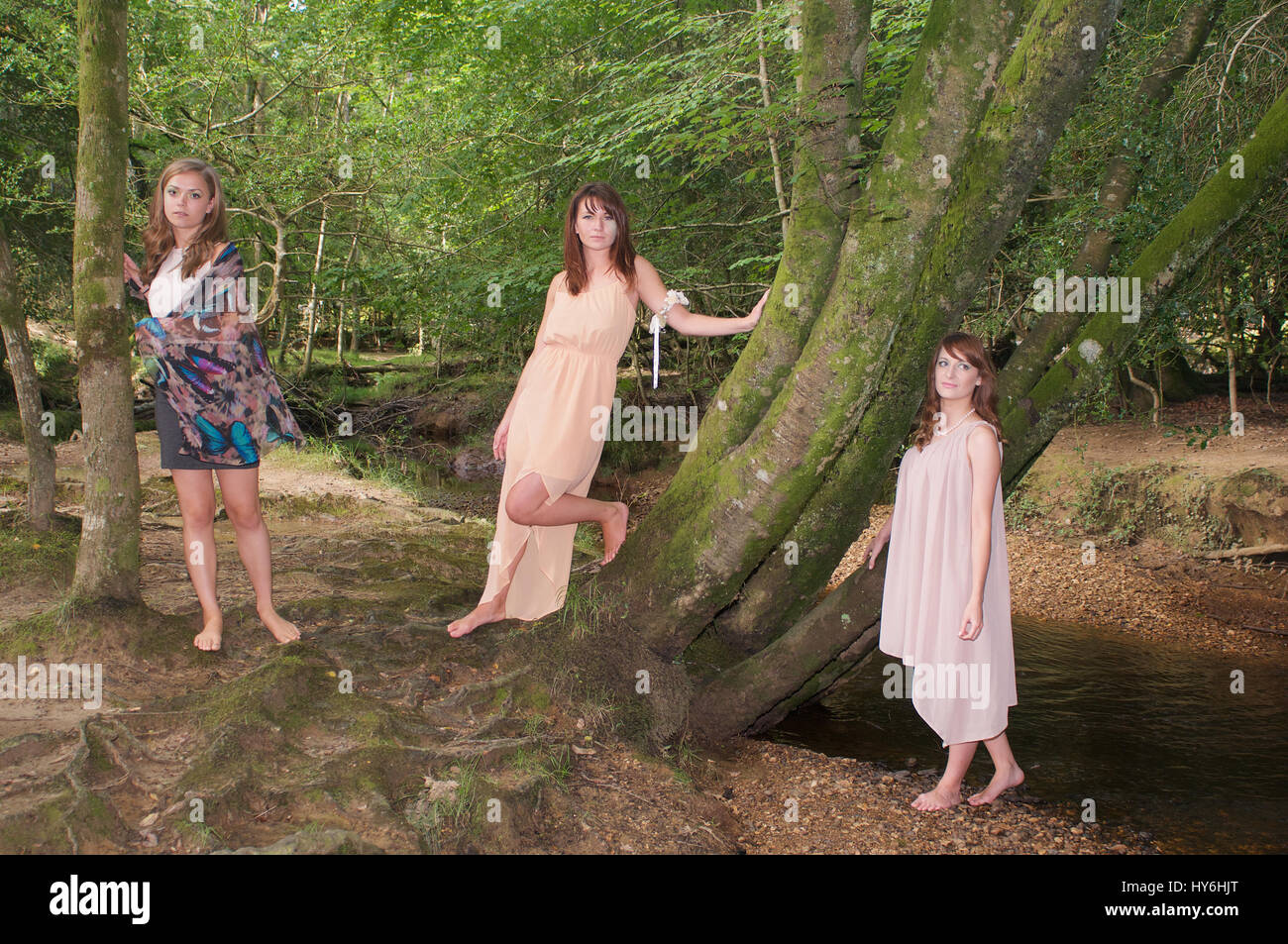 Beautiful young women in the forest wearing dresses Stock Photo - Alamy