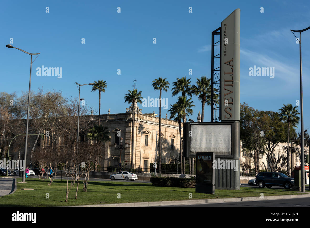 Welcome to Seville' road sign on a busy roundabout in Seville, Spain ...