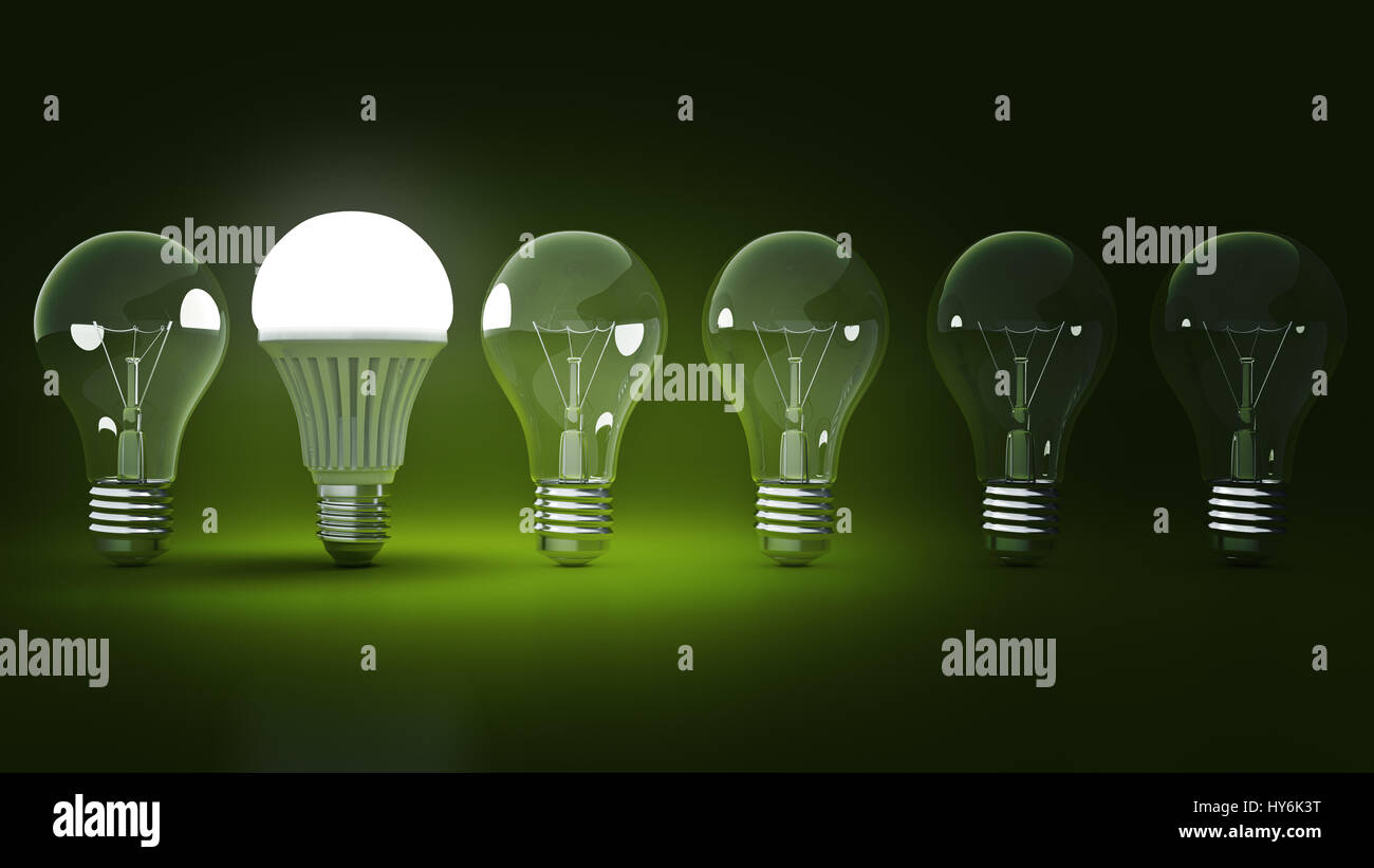 Glowing LED bulb and simple light bulbs. 3d rendering Stock Photo - Alamy