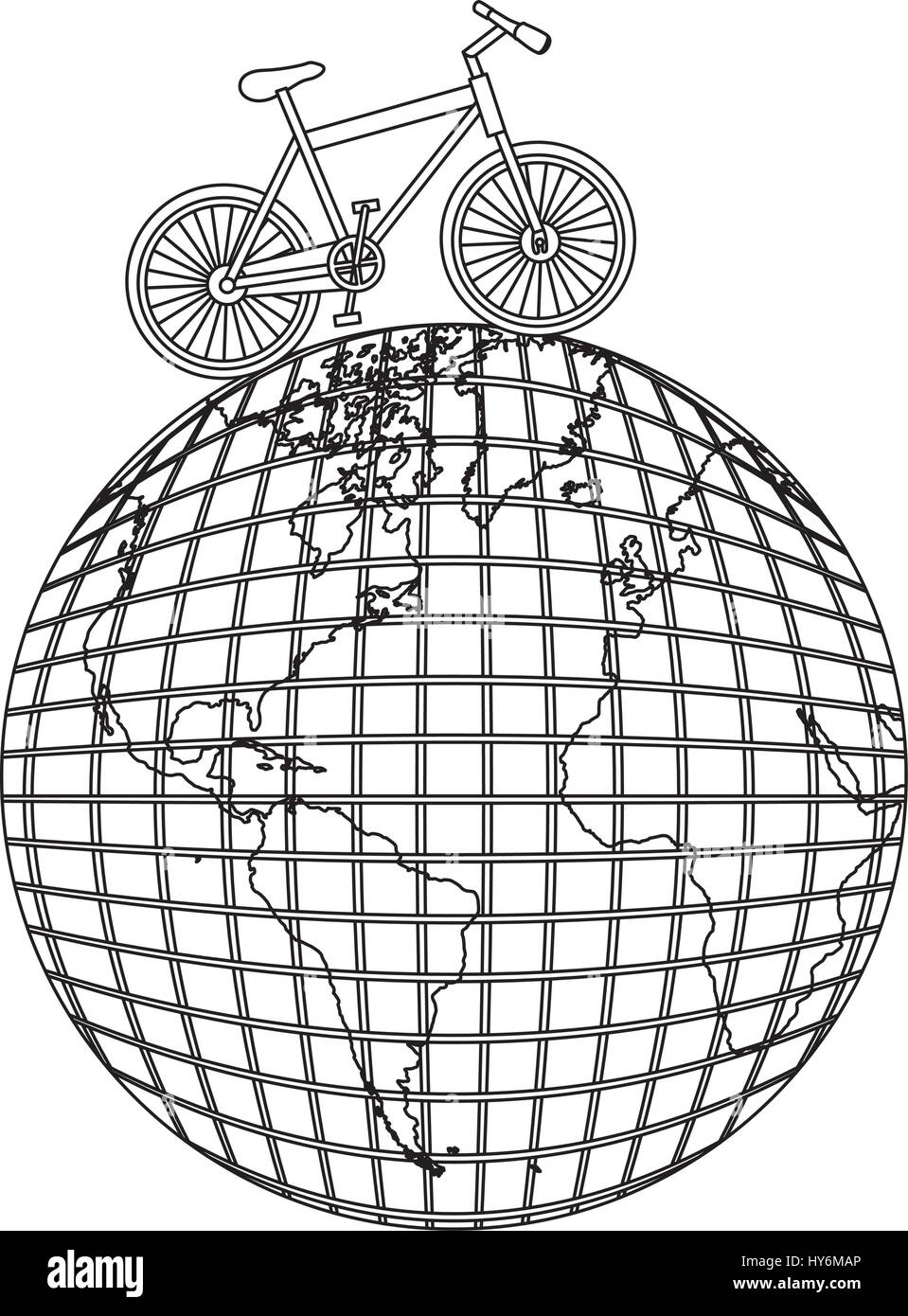 monochrome contour of bicycle over the world map Stock Vector Image ...