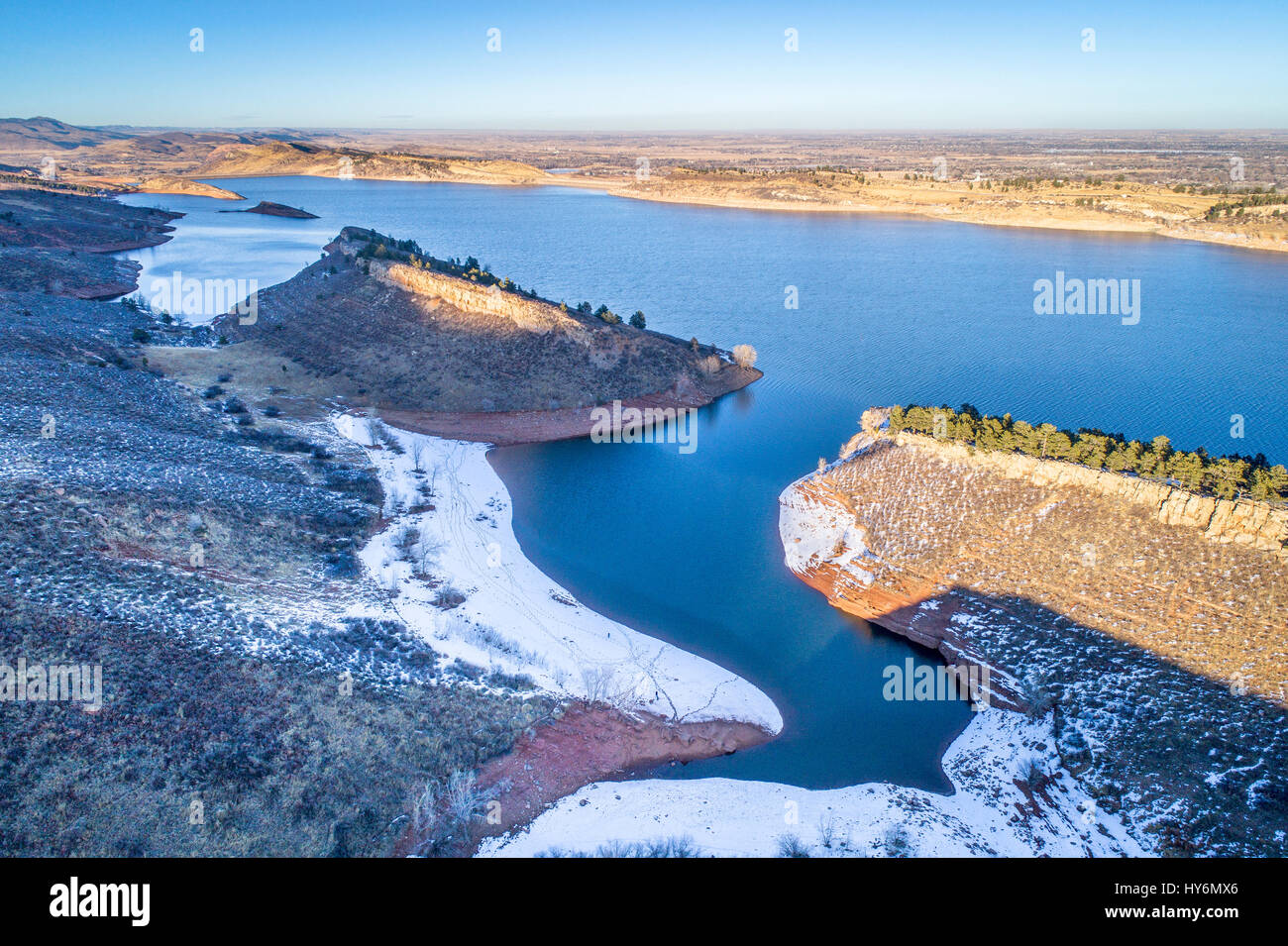 aerial view of Horsetooth Reservoir at foothills of Rocky Mountain bear ...