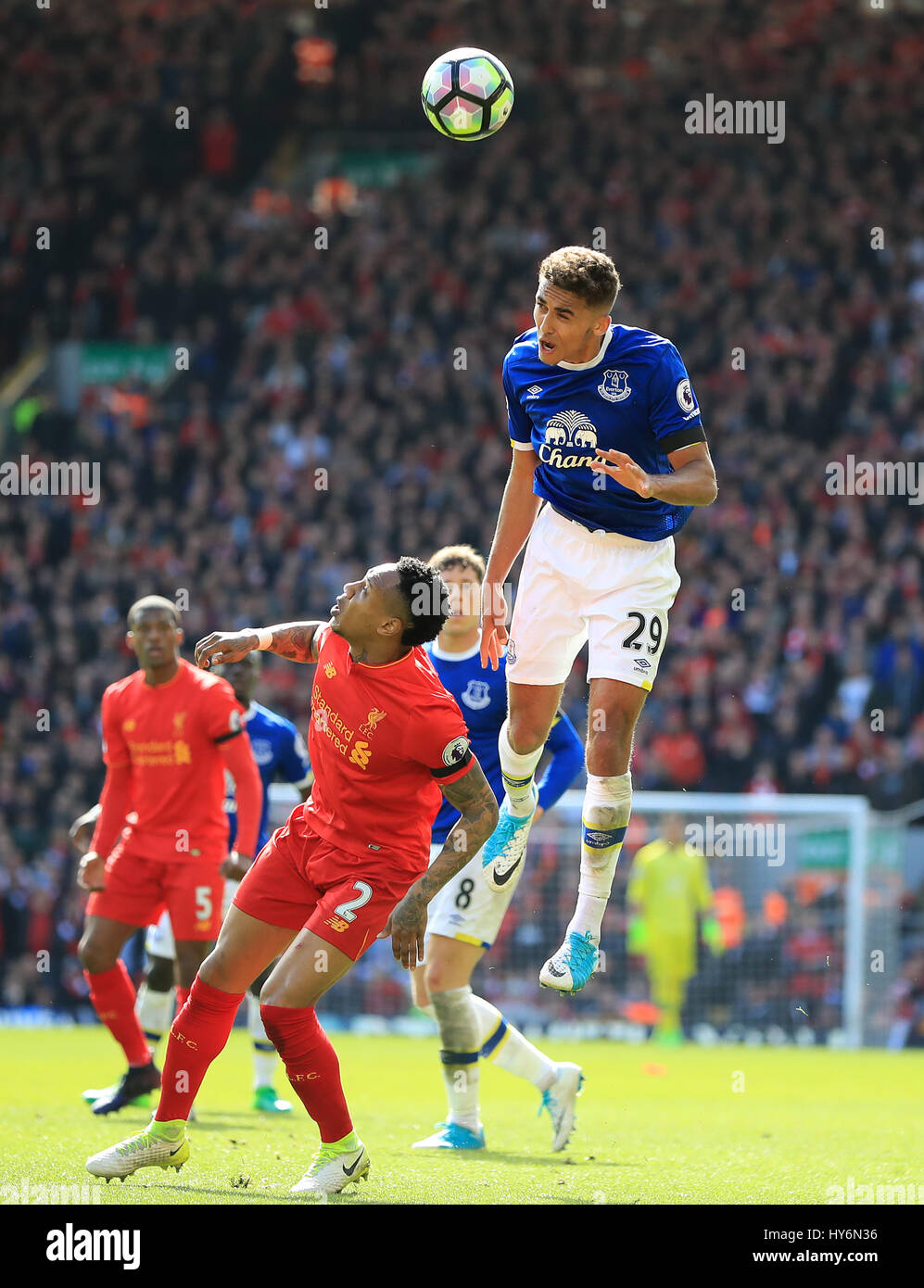 Everton's Dominic Calvert-Lewin (right) in action with Liverpool's ...