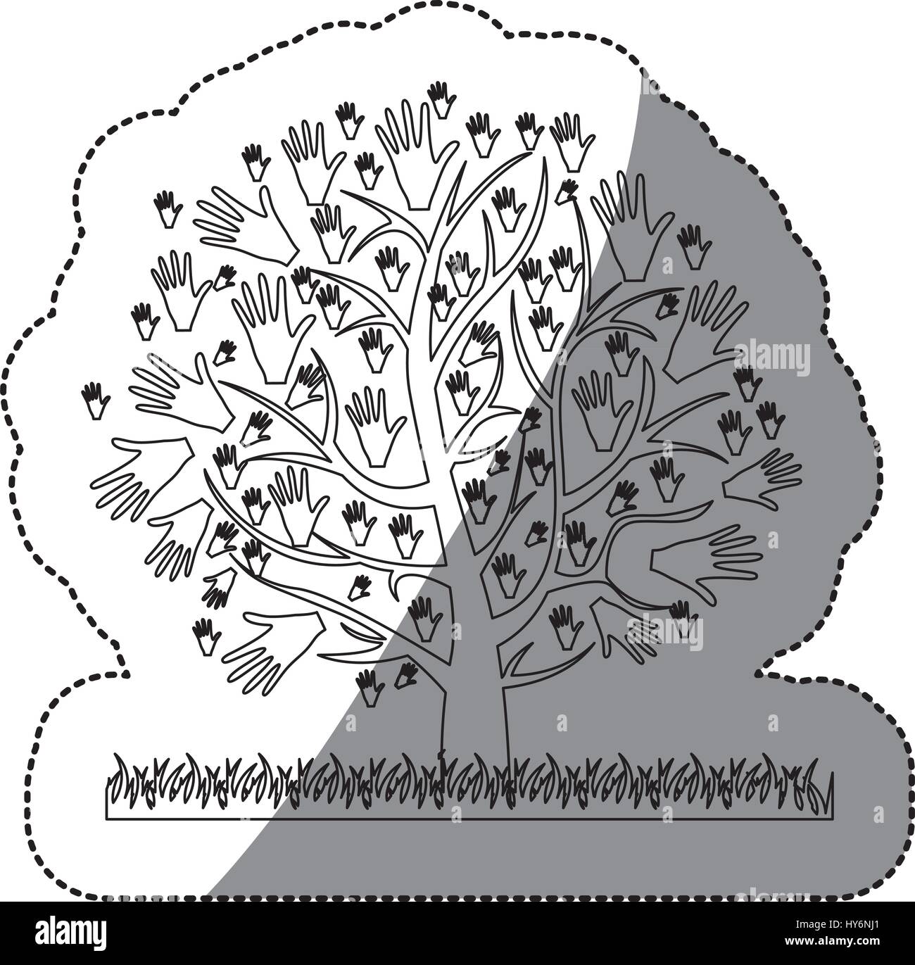 monochrome silhouette sticker of tree with leaves in shape of hands ...