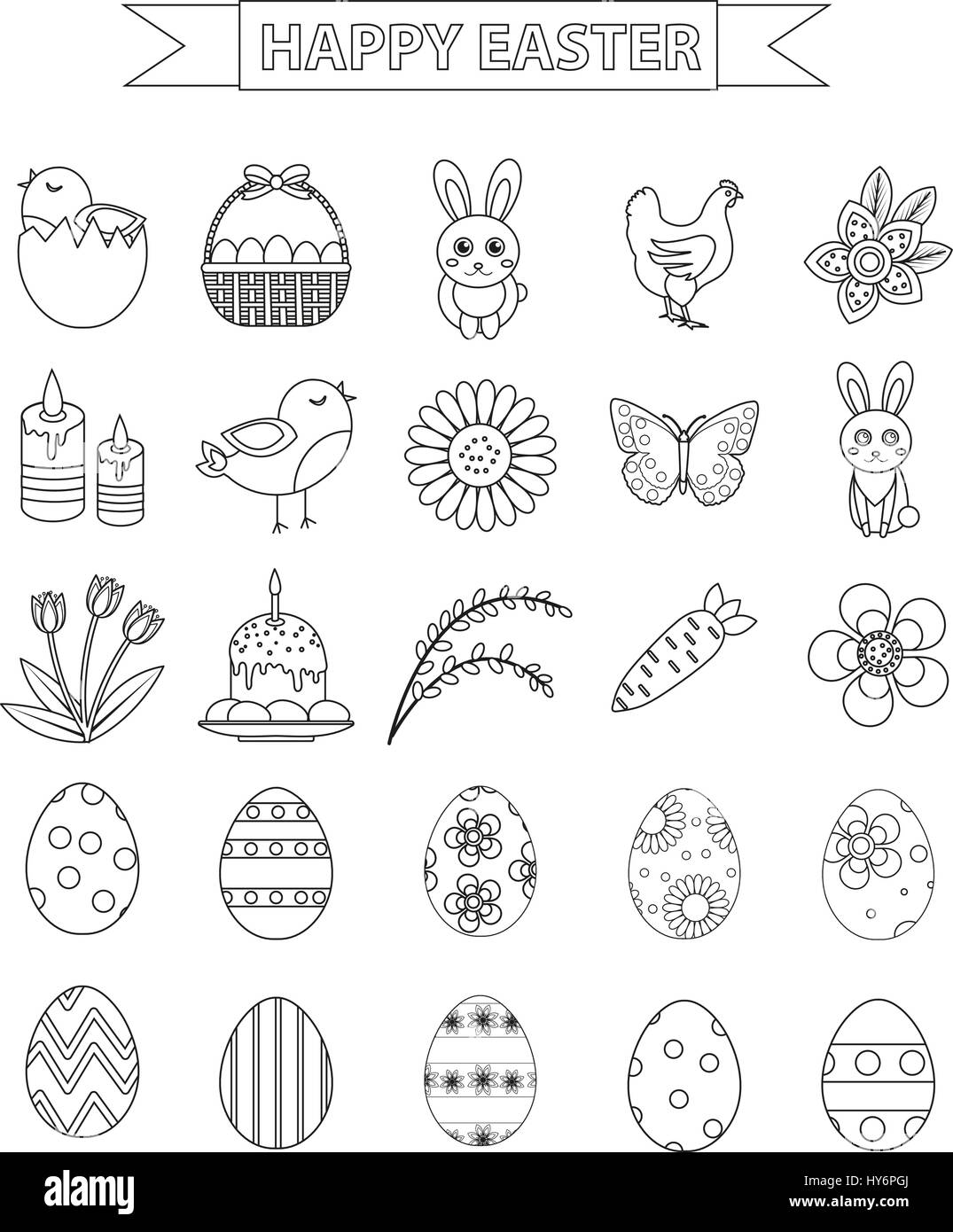 Happy Easter icon set, line style, doodle, hand drawing. Vector ...