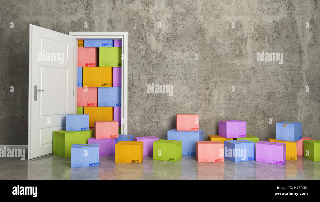 cartons of colors in empty room 3D Stock Photo - Alamy