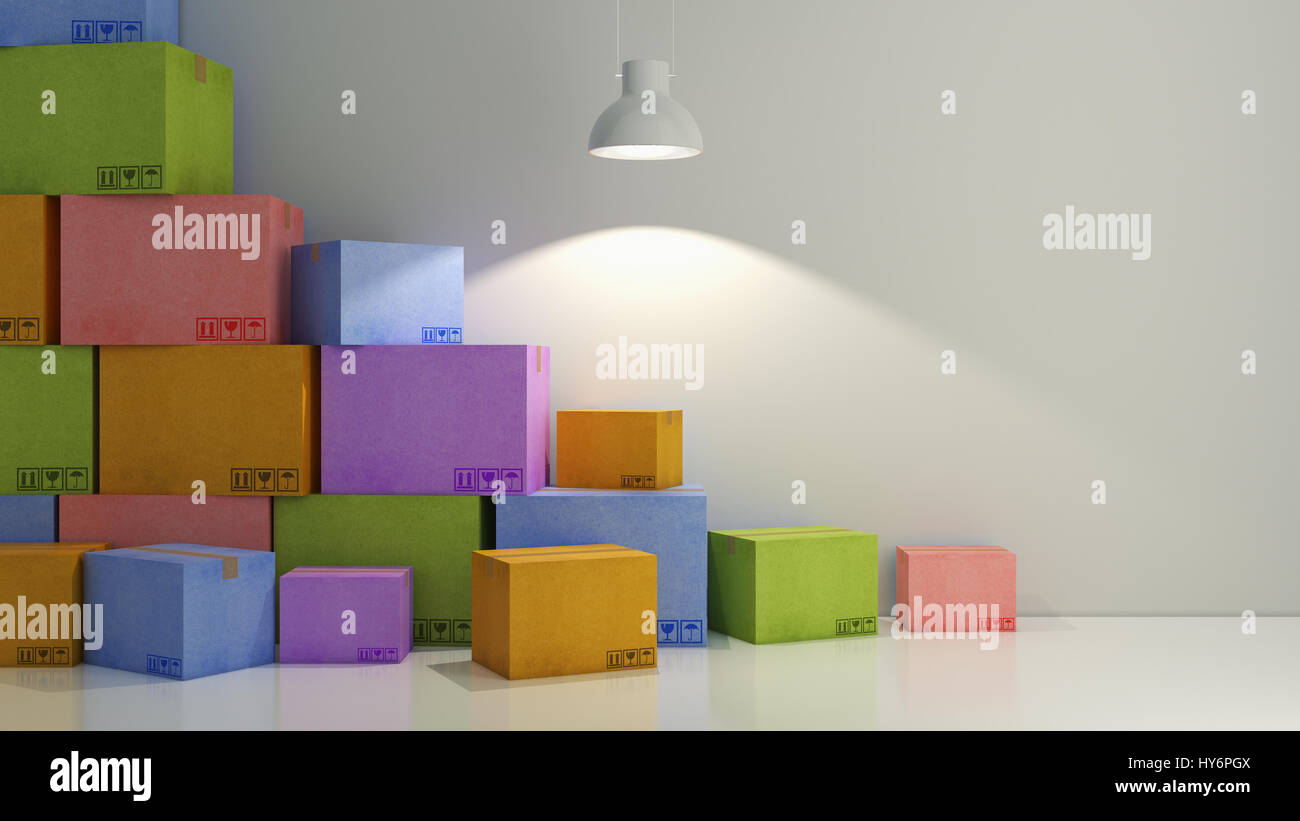 cartons of colors in empty room 3D Stock Photo - Alamy