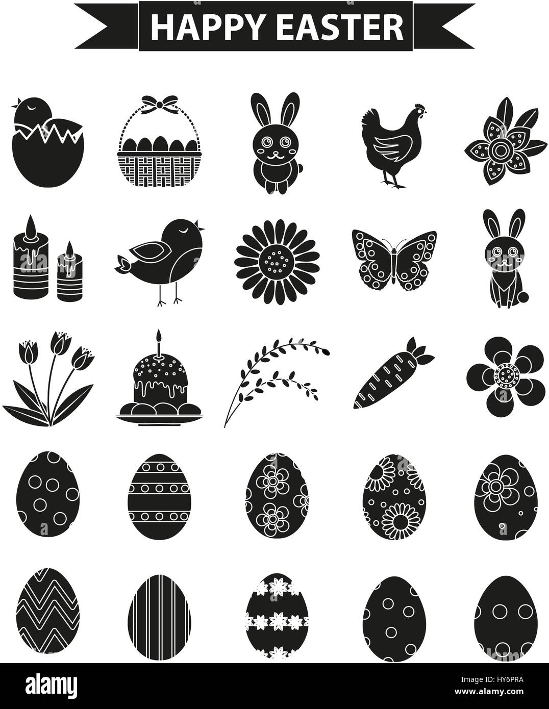 Happy Easter icon set, black silhouette, outline style. Vector ...