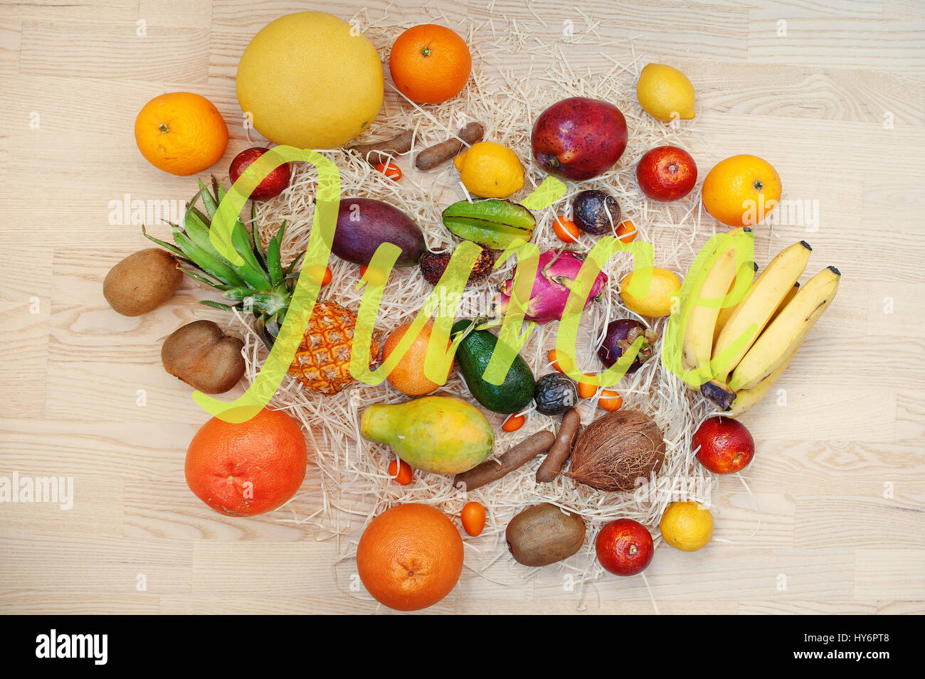 Exotic fruits with juice sign. Healthy eating dieting food background ...