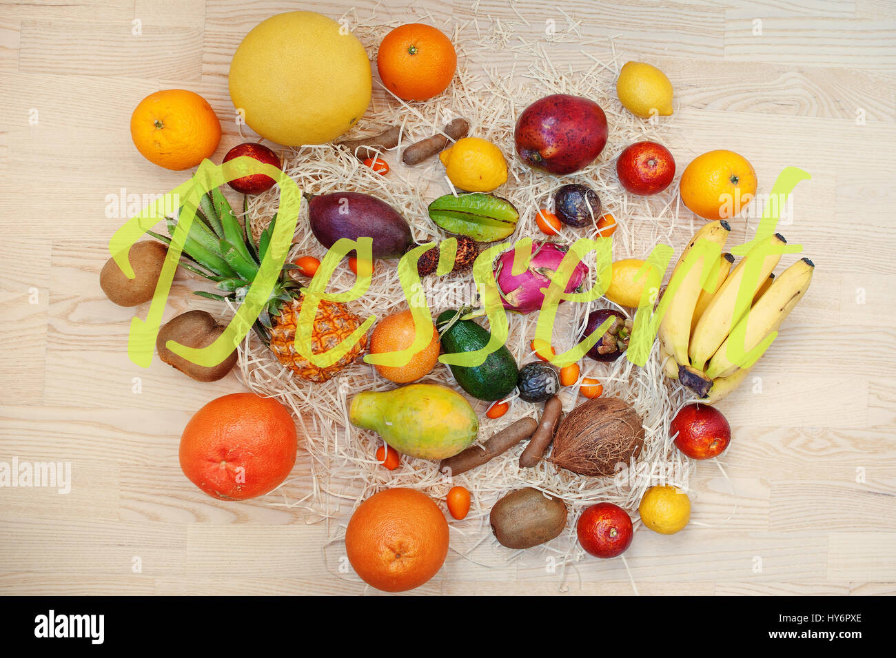 Exotic fruits with desert sign. Healthy eating dieting food background ...