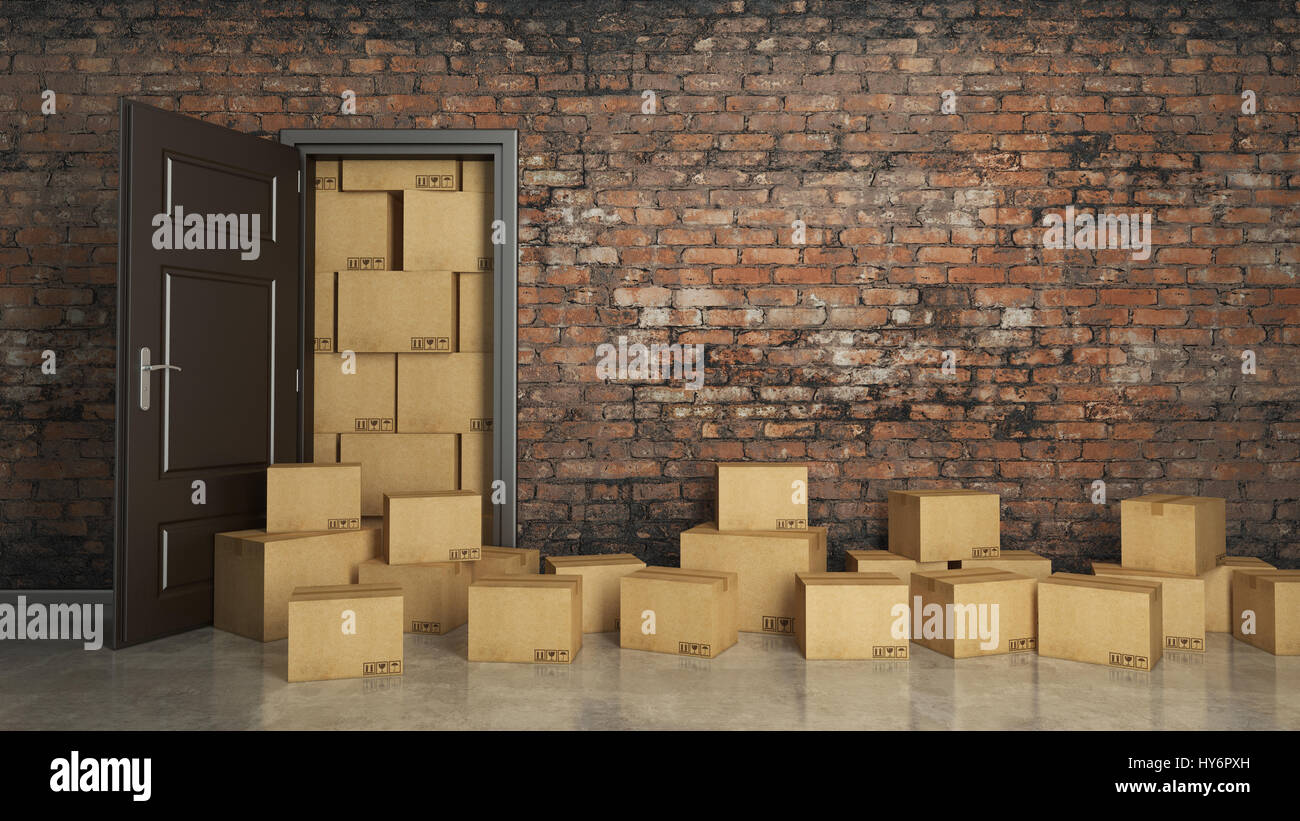 Boxes in empty room 3D Stock Photo - Alamy