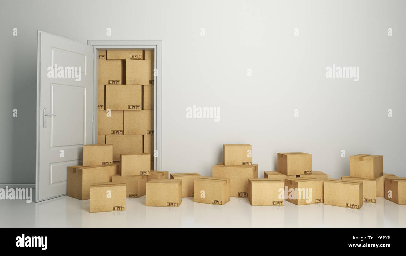 Boxes in empty room 3D Stock Photo - Alamy