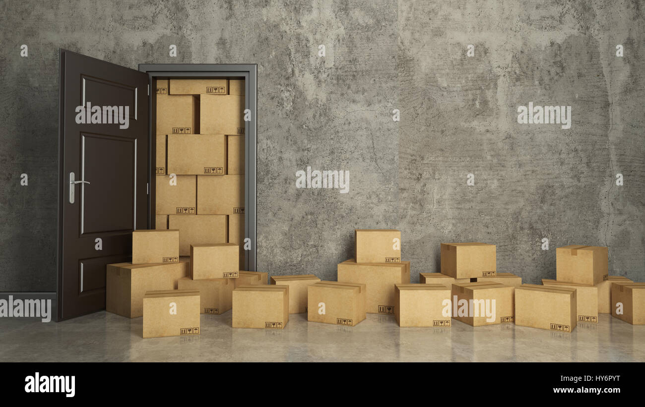 Boxes in empty room 3D Stock Photo - Alamy