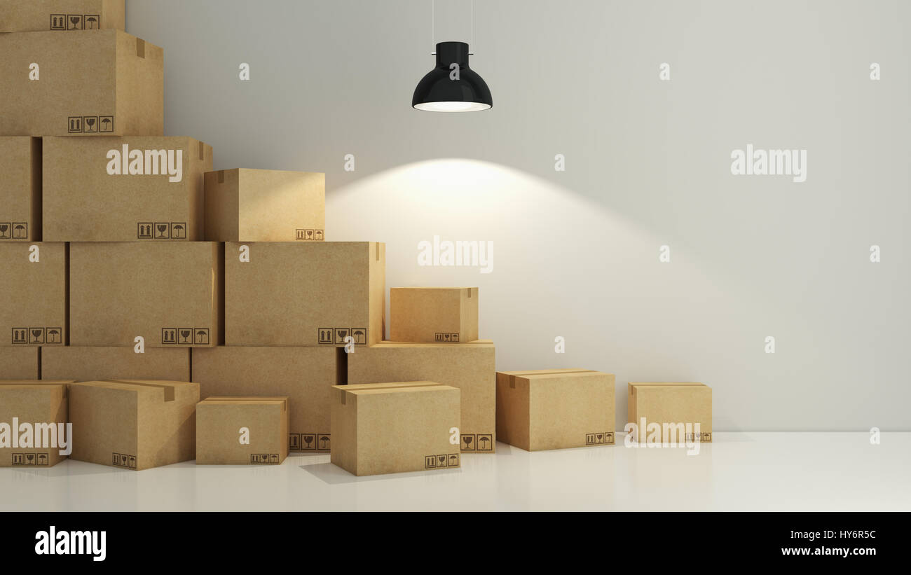 Boxes in empty room 3D Stock Photo - Alamy