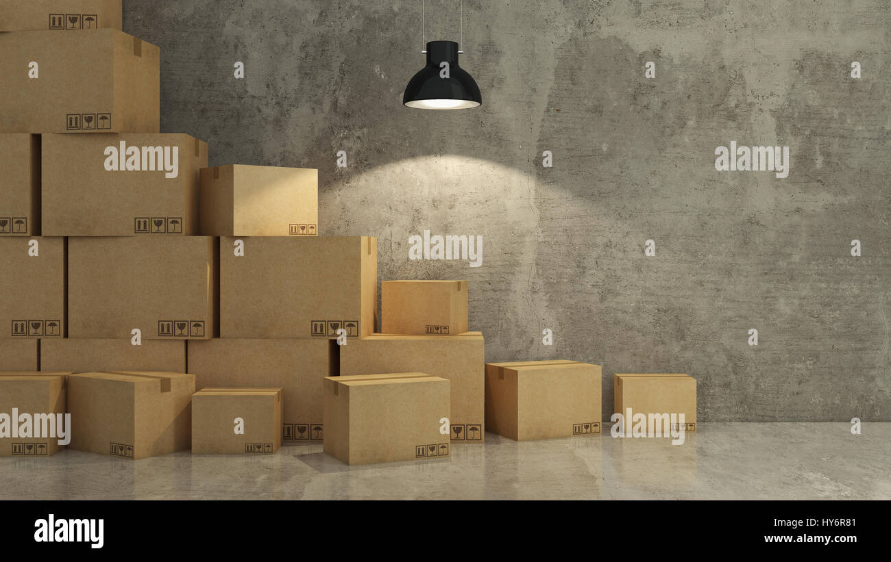 Boxes in empty room 3D Stock Photo - Alamy