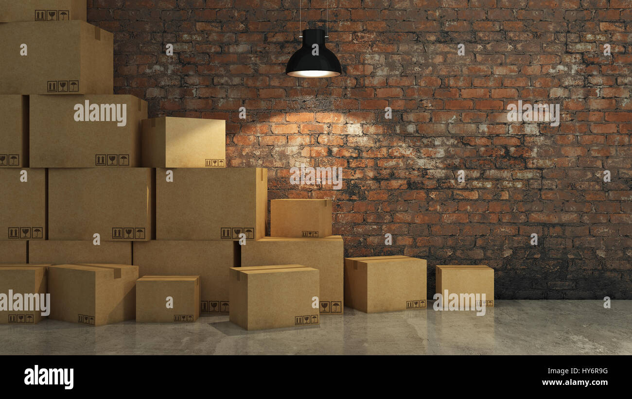 Boxes in empty room 3D Stock Photo - Alamy