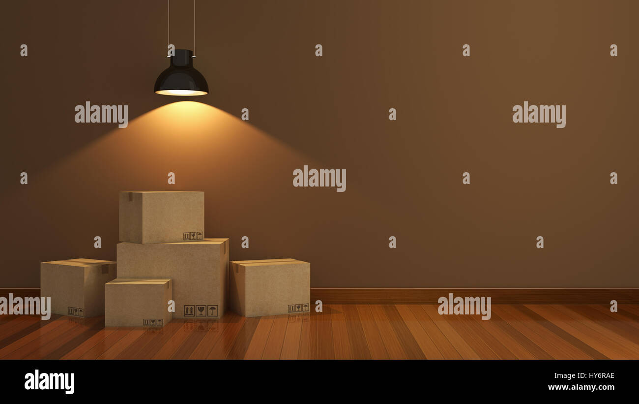 Boxes in empty room 3D Stock Photo - Alamy