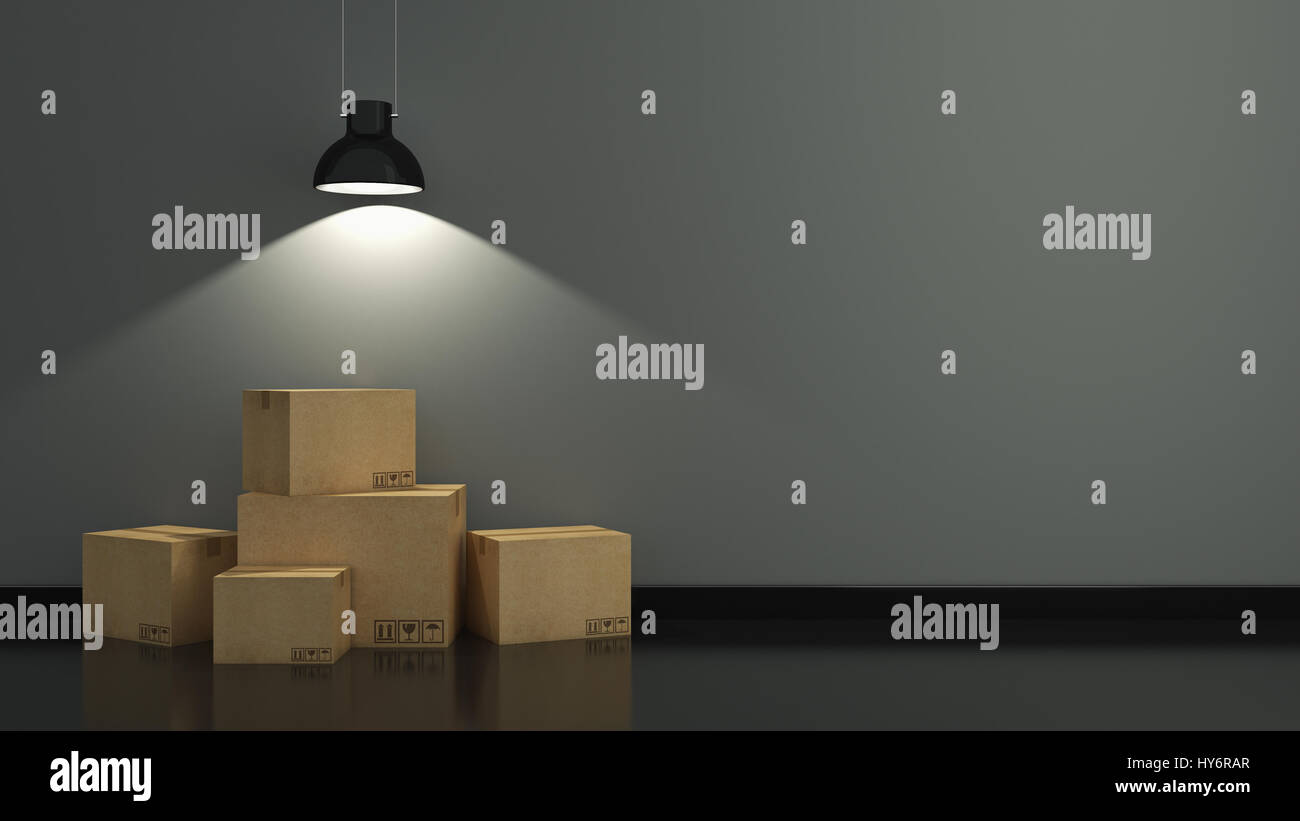 Boxes in empty room 3D Stock Photo - Alamy