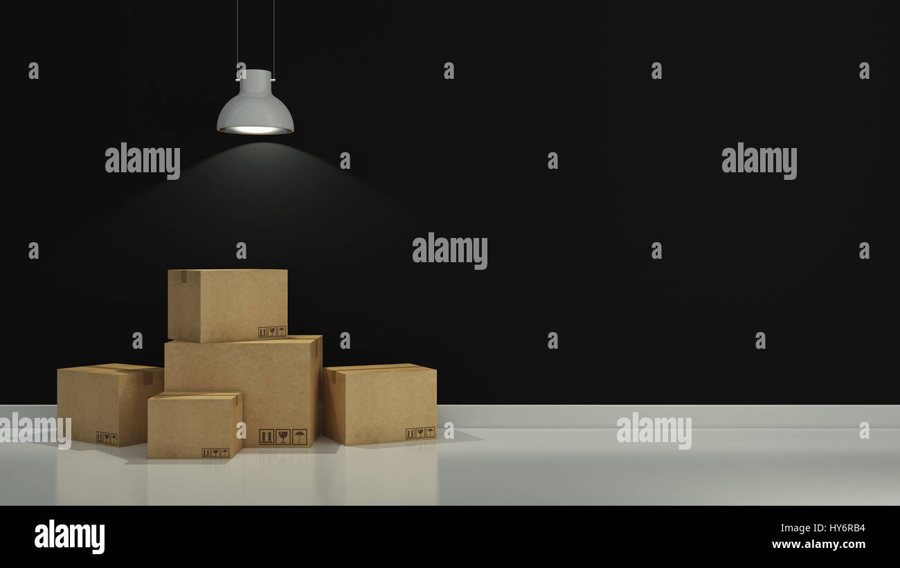 Boxes in empty room 3D Stock Photo - Alamy