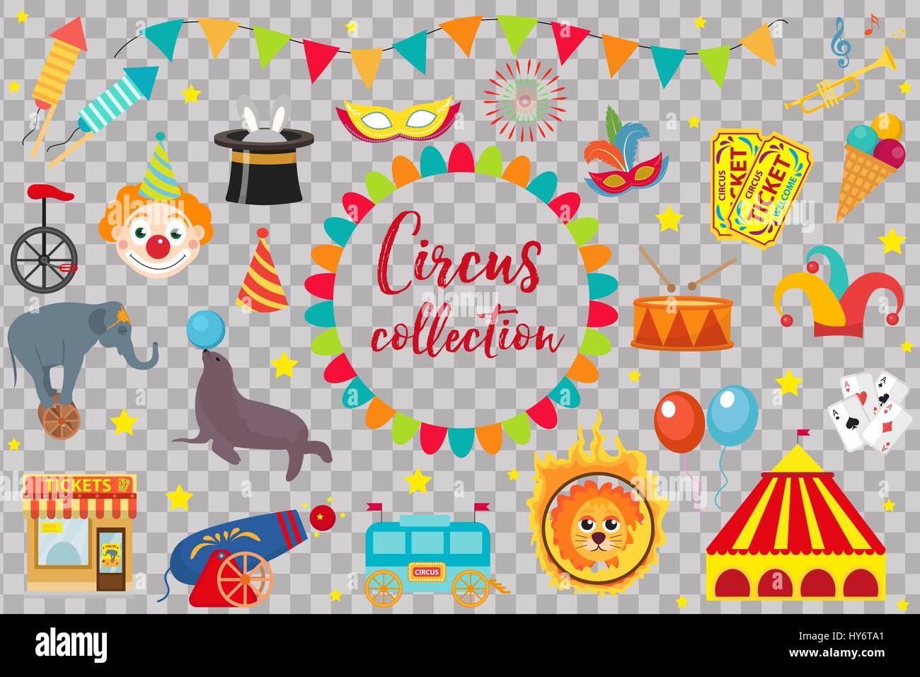 Circus Collection, flat, cartoon style. Set isolated on a white ...