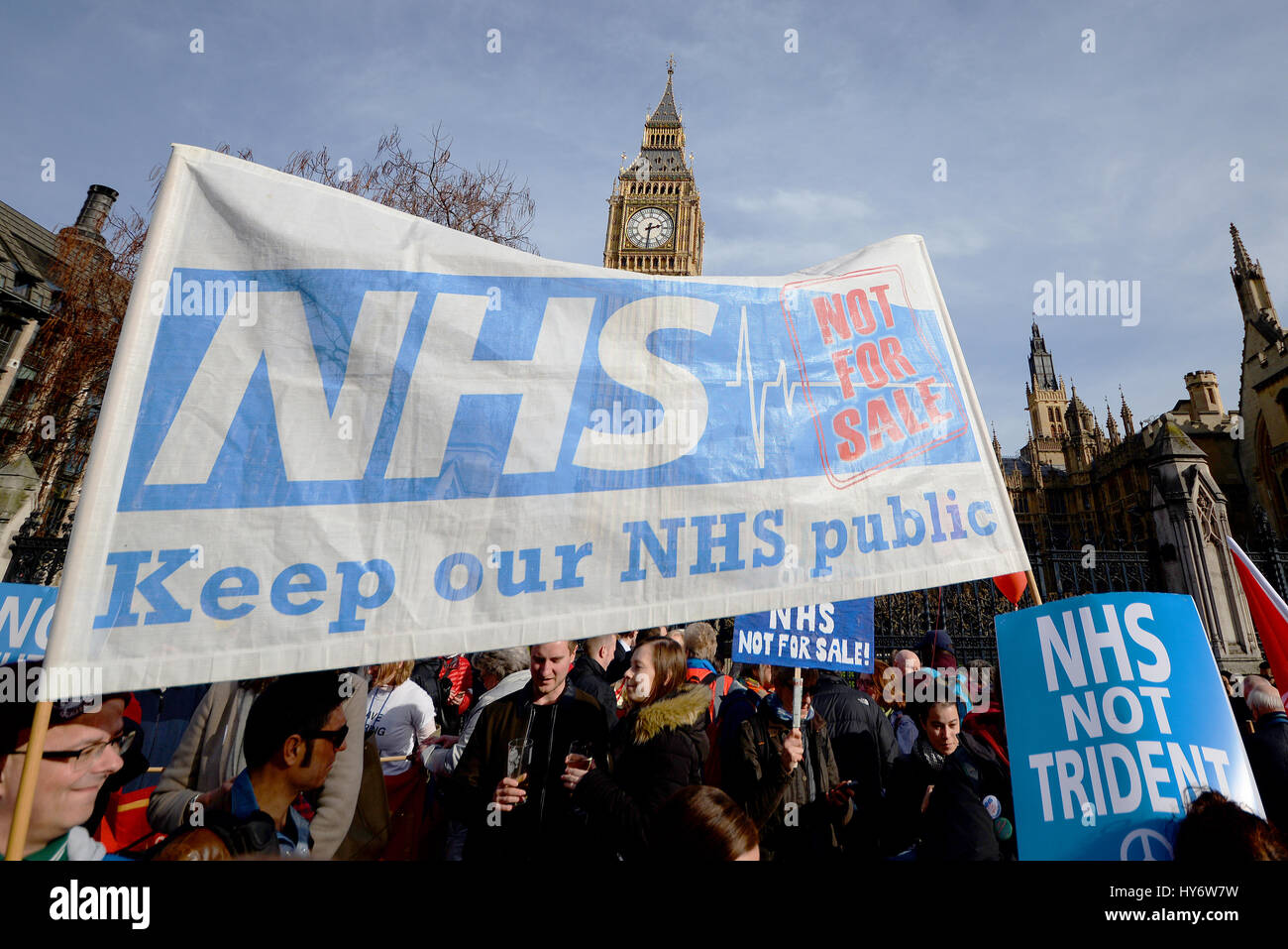 'Our NHS' protest march in London passing Parliament demonstrating ...