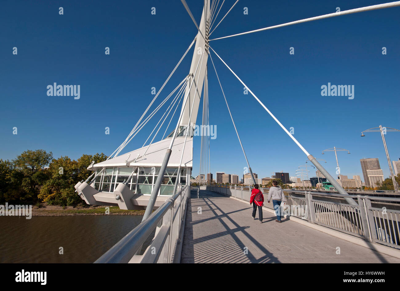 Esplanade Riel Pedestrian Bridge crossing the Red River, Winnipeg ...