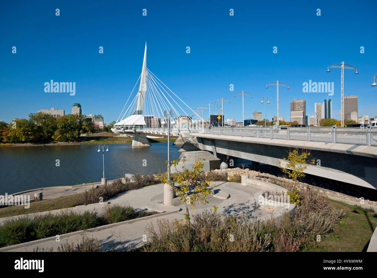 Esplanade Riel Pedestrian Bridge crossing the Red River, Winnipeg ...
