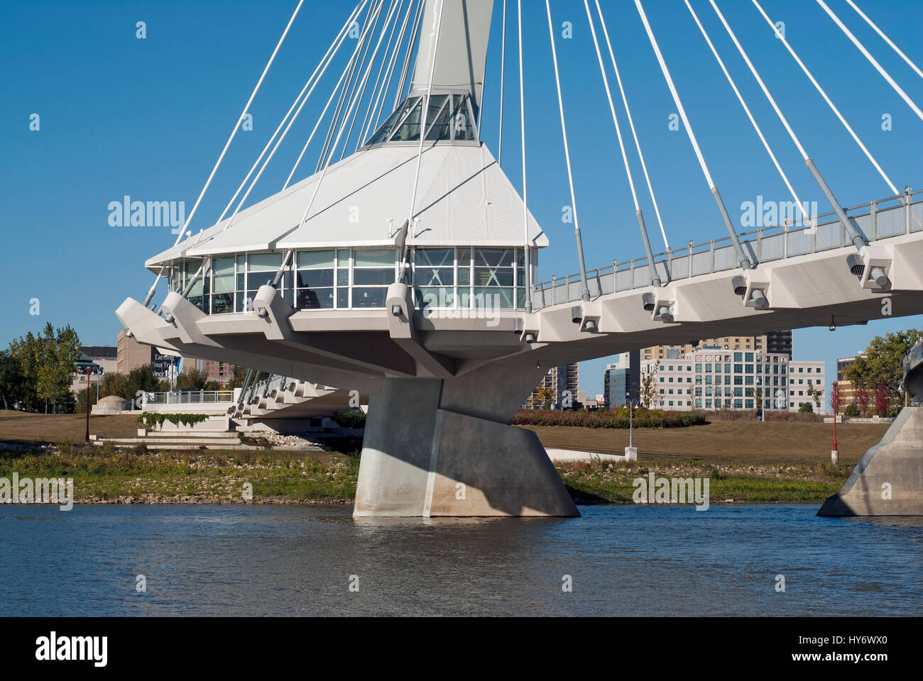 Esplanade Riel Pedestrian Bridge crossing the Red River, Winnipeg ...