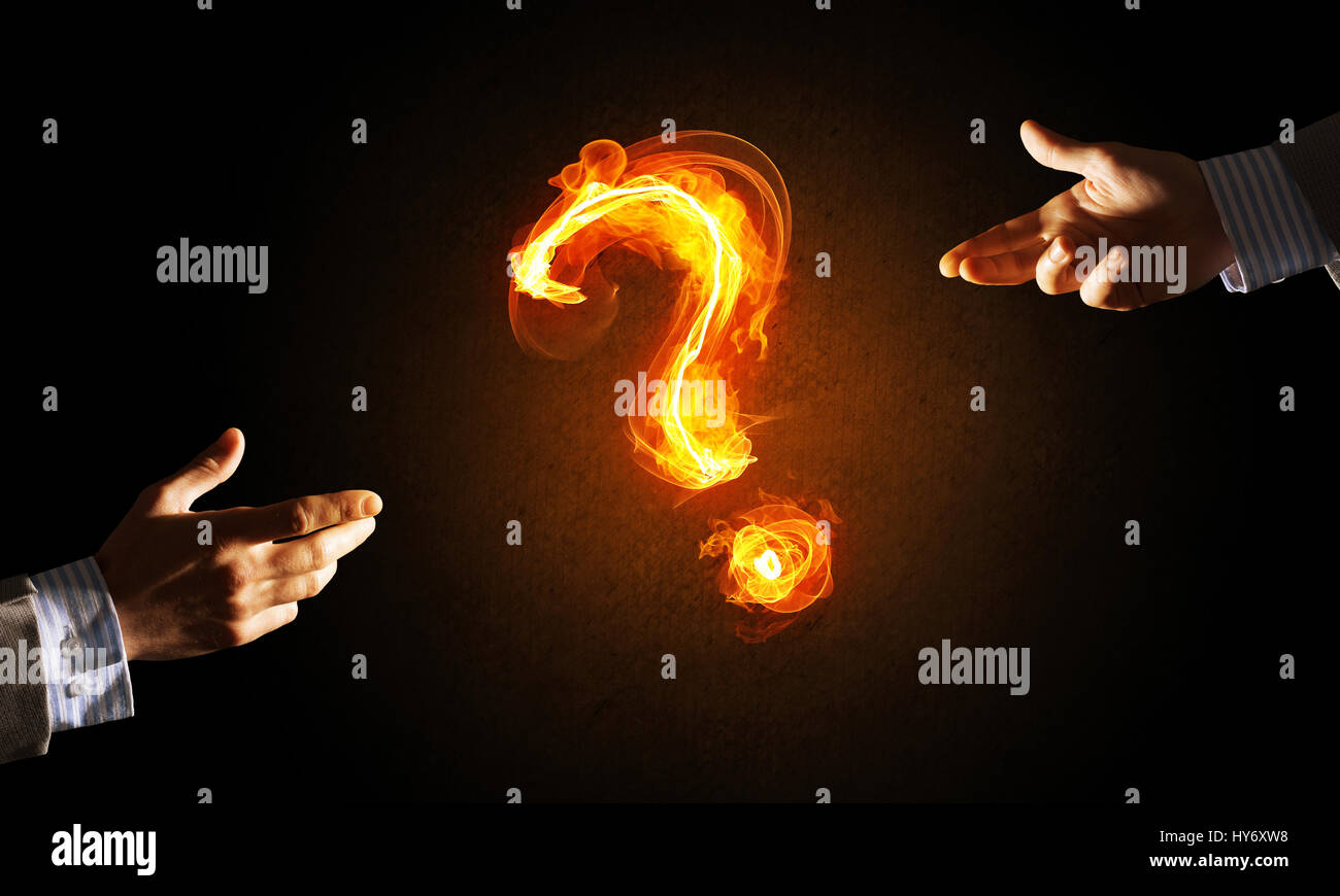 Concept of help or support with fire burning question mark and creation ...