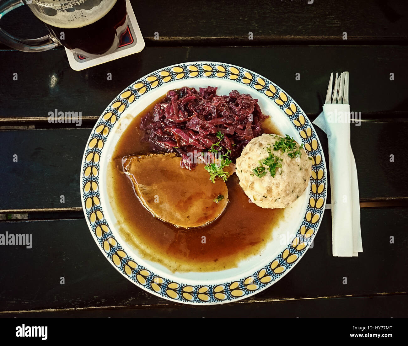 Bavarian Sauerbraten of beef with red cabbage and bread dumplings Stock ...